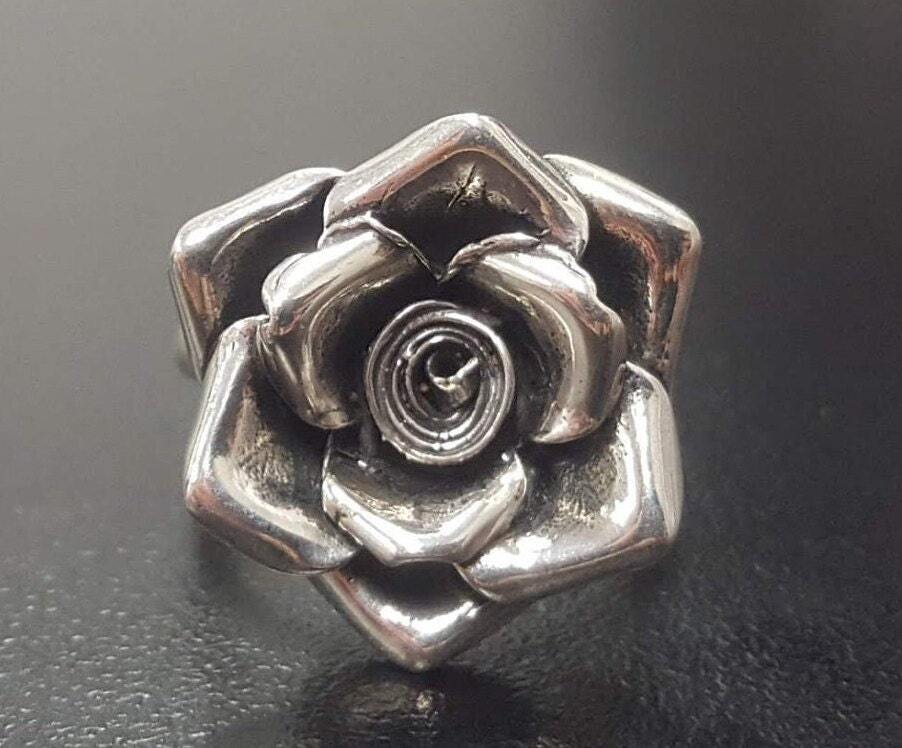 Large Rose Ring, Silver Rose Rings, Rose Flower Ring, Silver Flower Ri
